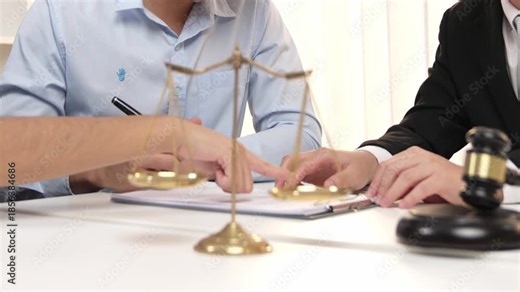 Lawyer act as mediator offer a compromise between two parties to resolve business dispute through negotiation at law firm office. Legal mediation and conflict resolution service. Slow motion. Rigid.