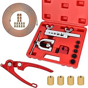 MuHize Brake Line Bender with Tool Kit - Upgraded 25FT 3/16" Brake lines Set w/Copper-Coated Tube & Double/Single Flaring Tool 16 Fittings + 4 Unions for Automotive Repair