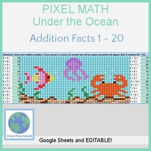 Pixel Art Math - Under the Ocean - Addition Facts 1 - 20