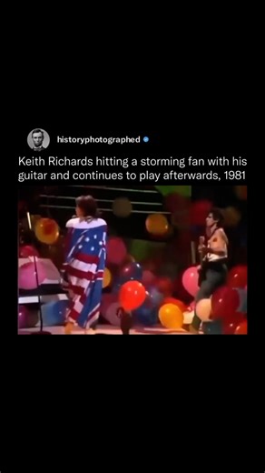 960K views · 7.8K reactions | In 1981, during a Rolling Stones concert, Keith Richards famously hit a storming fan with his guitar to protect the stage and remarkably continued playing immediately afterward. This incident has become a legendary example of Richards’ calm behavior and dedication to the performance. | History In Pictures | Facebook
