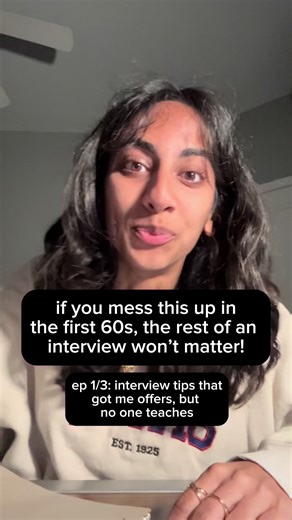 pls don’t mess up the first 60 seconds of your dream job opportunity! use this instead ☺️ — ep 1 of a quick 3 part series i’ll do abt interview hacks u wish u knew yesterday 🤤 this one’s a gamechanger truly and it’s so funny how easy it is to forget when ur nervous. but don’t!!! first impressions matter way more than u know, statistically! follow for the rest to lab ur dream job (and hear how i landed mine):)) save this vid to come back to when u need it — #interviewtips #careertips #collegetip