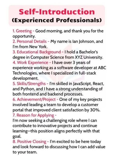 Rohit sharma on Instagram: "Perfect Self Introduction for Experienced Professionals | Interview Tips #SelfIntroduction #InterviewTips #ExperiencedProfessionals #JobInterview #EnglishSpeaking InterviewPreparation CareerTips ProfessionalIntroduction InterviewSkills JobSearch ResumeTips CorporateLife CommunicationSkills"