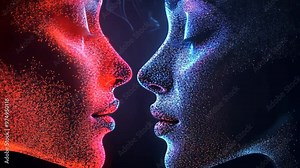 Exploring the artistic representation of duality through abstract portraits of two faces intertwined with vibrant colors