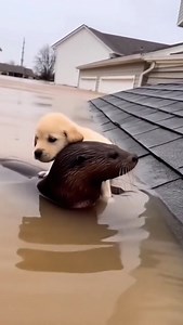 The floodwaters took everything, leaving this tiny pup stranded on a rooftop. A brave river otter spots a stranded puppy on a submerged roof and immediately steps up to save the day. 🐾❤️ Note: This video is AI generated. | We Love Dogs
