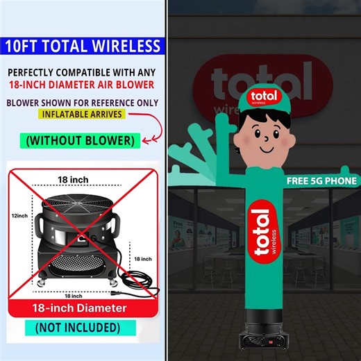 Arrow Dancers | Inflatable puppet Air Tube man on Instagram: "📶 Boost Store Visibility with the 10ft Total Wireless Inflatable Waving Man! 🎈 Drive more walk-ins and make your Total Wireless store impossible to miss with this 10ft Tall Inflatable Waving Man from Arrow Dancer. Built from reinforced nylon and printed with bold Total Wireless branding, this eye-catching air dancer delivers nonstop motion that grabs attention from the street and pulls customers inside. 🚶‍♂️➡️🏪 Perfect for: ✅ Stor