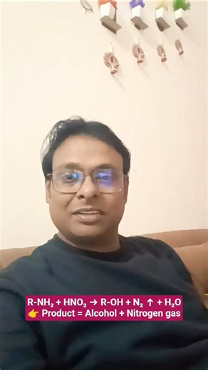 R-NH₂ + HNO₂ → R-OH + N₂ ↑ + H₂O👉 Product = Alcohol + Nitrogen gas