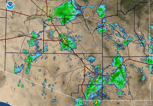 10/22/25 7:20 AM Radar: Light to moderate showers are moving northeast across SE AZ this morning, with the heaviest rainfall currently moving into Sierra Vista. Rainfall accumulation will be light and a few lightning strikes are possible. | US National Weather Service Tucson Arizona