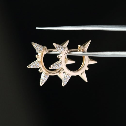 Natural Pave Diamonds Spike Hoops/ Solid 14k Yellow Gold Earring/3 Diamonds Spike and 3 Gold Plain Spike Huggie Hoops/ Anniversary Best Gift - Etsy