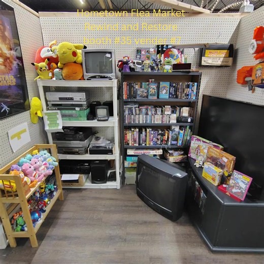 Just added cassettes, cds, a turntable and a turntable 8-track combo. CRT TVs as well as a Pokemon, care bears, transformers, and more. We're now selling cassetts and cds with more to come. Don't miss out on the great Pokemon deals. Everything we sell is cleaned, renewed, and repaired. Hometown Flea market 1140 W Walnut St #1, Rogers, AR 72756 Open 7 days a week 9-6 Ask for booth #35 vendor #7 | Rewind and Restore