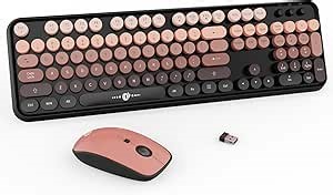 FOPETT Wireless Keyboard and Mouse Combo - 2.4G Full-Sized Cute Colorful Mouse and Keyboard with 104 Round Keys Retro Typewriter Keyboard for Laptop/Windows/PC - Pink Gradient
