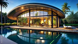 Tropical Modern Oasis: Sleek architectural masterpiece with curved glass walls, overlooking an inviting infinity pool, reflecting the serene beauty of a tropical paradise at sunset.