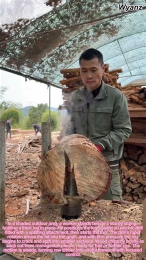 Woodworking process | worker splits log with electric drill