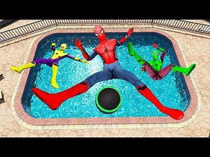 GTA 5 Rainbow Pink Vs Yellow & Red Spiderman Jumping into Pool (Euphoria Physics/Ragdolls) #9