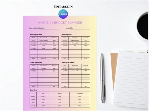 Budget Planner Template 8.5x11 Printable Editable in Canva | Track Income, Bills & Spending - Etsy