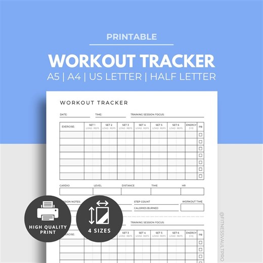 Workout Tracker Printable, Daily Workout Log, Fitness Journal, Workout Planner, Fitness Planner, A4/a5/letter/half Letter, Exercise Planner - Etsy