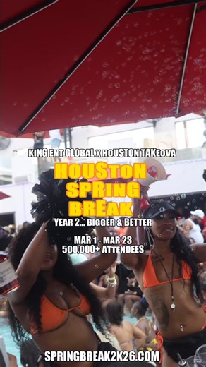 Houston Spring Break 2026 on Instagram: "🚀 HTX—ARE YOU READY?! Spring Break 2026 is about to top EVERYTHING you remember! The 2nd Annual HTX Takeover (Mar 4–22) is coming back BIGGER, CRAZIER, and 100% SOLD-OUT ENERGY 🔥 🎉 3 Weeks • 20+ Events • 500,000+ in the City Day Parties ☀️ | Pool Madness 💦 | Festivals 🔊 | SoldOut Nightlife 🌙 🗓️ Week 1: Mar 4–9 🗓️ Week 2: Mar 11–16 🗓️ Week 3: Mar 18–23 🎤 5+ Special Guests dropping Feb 1 ⏳ Presale closes Dec 1 — Don’t wait! 🎟️ SPRINGBREAK2K26.COM