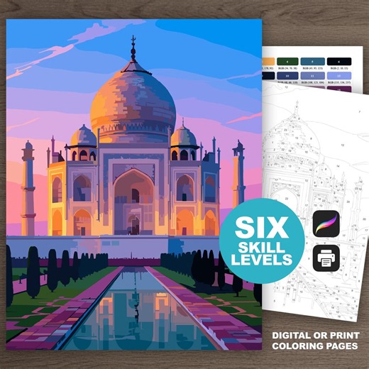 Taj Mahal Paint by Number Adult Coloring Pages | Digital, Procreate and Printable PNG, PDF or SVG - Etsy
