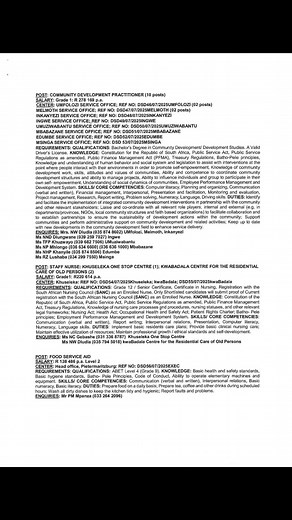 Social Workers x100 posts Community Development Practitioners x10 posts Manager Community Development Staff Nurse x3 posts Food Service Aid Professional Nurse Social Work Policy Developer KwaZulu Natal Department of Social Development Closing Date 05 December 2025 Opportunities With Thabang WhatsApp Channel: https://whatsapp.com/channel/0029Vadi8px42DcfdTWUPa30 Good Luck! #OpportunitiesWithThabang | Mabulana-Maseko Foundation