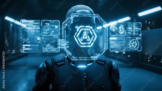 Android displays hologram interface in laboratory. Humanoid robot stands by console. Cyborg ai projects floating data panels. Futuristic technology and interface appear. Distant lights illuminate