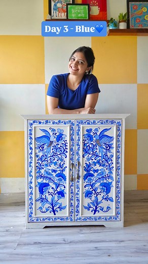 ✨ Nine Days, Nine Crafts | Day 3: Royal Blue Gave my boring old shoe rack a royal Blue Pottery inspired makeover 💙 I started it by removing the old handles and legs of the shoe rack, sanding the surface, fixing cracks with wood filler, and adding wooden mouldings for a more elegant look. After priming the base with wood primer, I painted it in an off-white chalk white paint Using blue chalk paint, I hand-painted floral and bird motifs inspired by Jaipur’s Blue Pottery. Uske baad, I added touche