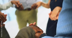 Office, group and holding hands for support, care and comfort with a connected business community. Circle, hands and crowd of professional workers together with unity, linked for victory and success