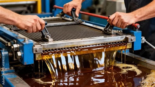 Medium shot of manual plateandframe filter press in operation showcasing hands adjusting clamps to clarify crude oil to a bright polished finish.