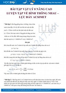 Các bài tập nâng cao về Bình thông nhau- Lực đẩy Ác-si-mét môn Vật lý 8 có đáp án