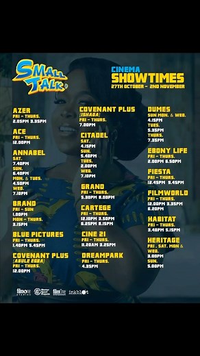 Check out the different days and times Small Talk is showing in cinemas this week! Who are you watching it with this weekend? #inkblotpresents #inkblotstudios #smalltalkthemovie | Inkblot Productions