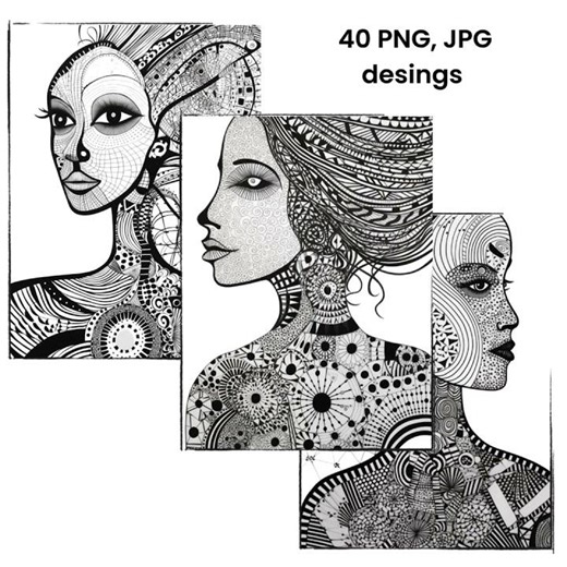 Zentangle Woman Faces Art | Mindful Drawing Templates (Printable PDF JPG PNG)