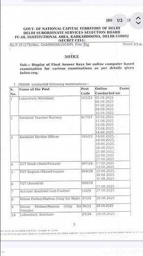 DSSSB Final Answer Key August September 2025 | DSSSB Result 2025