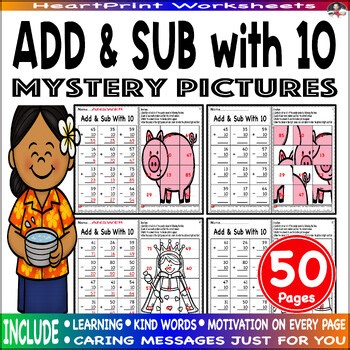 Two digit mixed addition & subtraction with 10 with regrouping Mystery pictures