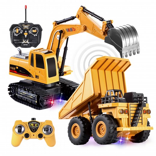 Joyfy 2 PCS Remote Control Excavator Construction Toys for Boys 3 5, Powered RC Excavator & RC Dump Truck Full Function Construction Vehicles Toys with Shovel, Christmas Birthday gift for Kid 5-8-12