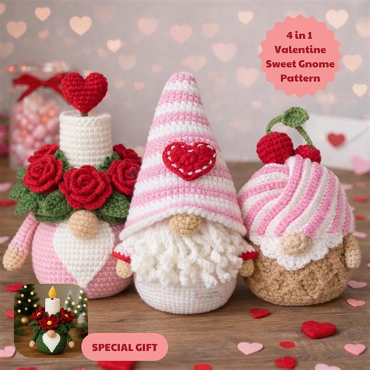 4 in 1 Bundle Crochet Gnome Pattern | Valentine Amigurumi Sweet Gnome PDF Tutorial | Beginner-friendly Crochet Pattern - Etsy