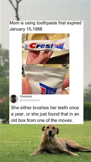 She is using toothpaste that expired in 1988