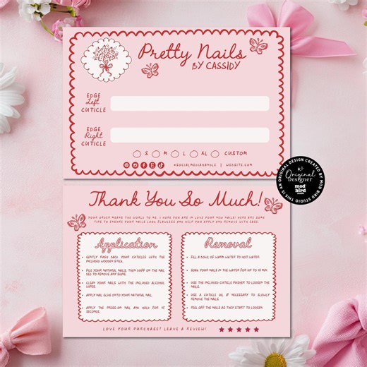 Coquette False Nails Backing Card Canva Template, Editable Nails Package Insert, DIY Cute Press on Instructions Application Removal-cass - Etsy