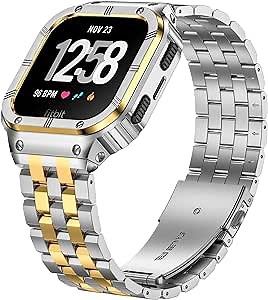SUPLINK Metal Case and Band Compatible for Fitbit Sense 2 Bands/Versa 2/Versa 4/Versa 3 Watch Bands,Rugged Cover Wristband for Fitbit Versa Bands/Sense/Fitbit Versa Lite Watch Bands Men,Silver/Gold