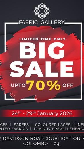 F A B R I C G A L L E R Y on Instagram: "THE BIG SALE IS BACK — and it’s bigger, better & bolder than ever! ✨ This is your moment to finally secure all the beautiful fabrics you’ve been eyeing — whether it’s for the festive season, bridal season, or a special occasion coming up. From luxurious bridal laces, sarees, linens, printed & plain fabrics and so much more — we’re bringing you insane deals of up to 70% OFF 🤍 Our previous Black Friday sale couldn’t go live, so we’re making up for it in th