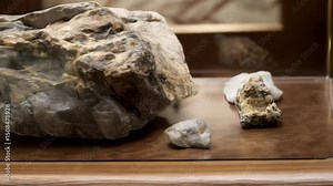 Large boulder-sized metamorphic rock specimen displayed alongside smaller rocks on exhibit under a reflective glass case.