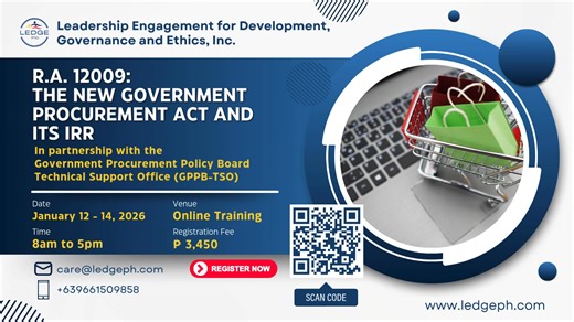 RA 12009: The New Government Procurement Act and its IRR 📅 JANUARY 12-14, 2026 🕗 8:00 AM – 5:00 PM 💻 Online Seminar via Zoom 💰 Training Fee: ₱3,450 In Partnership with GPPB-TSO This training is conducted in collaboration with the Government Procurement Policy Board – Technical Support Office (GPPB-TSO), ensuring alignment with official standards and professionalization efforts. Course Highlights: ✔️ In-depth orientation on RA 12009 and its Implementing Rules and Regulations (IRR) ✔️ Comparis