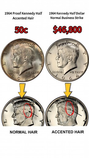 1964 Kennedy Half: Normal Hair vs Accented Hair #coin #dollar #treasurehunt #coincollecting #rarecoins | HeritCoin