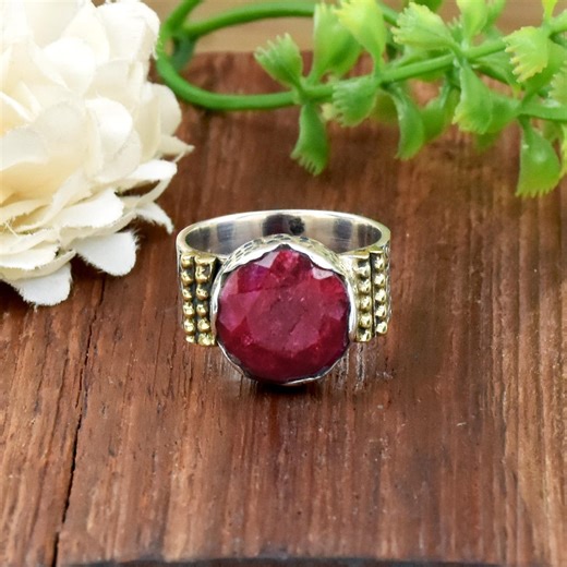 Handmade Indian Ruby Ring: Sterling Silver Textured Band- Bohemian Jewelry- Gift for Her