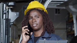 Cheerful African American female worker talking on smartphone. Woman in helmet standing in storehouse while having conversation with supplier. Warehouse, telephone communication concept.