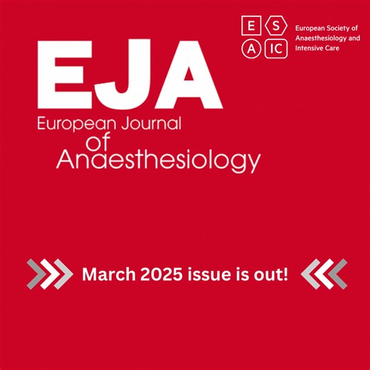 📢 EJA March 2025 Edition is available! This month’s highlights: • Anaesthesia practice in Europe: A survey of national anaesthesiology societies. • Regional anaesthesia: A meta-analysis on hypotension after unilateral vs. bilateral spinal anaesthesia, and a study comparing ultrasound-guided blocks for breast cancer surgery. • Peri-operative medicine: Investigating the impact of analgesic regimens on tumour biology and the link between postoperative lymphopaenia and infections in cancer surgery.