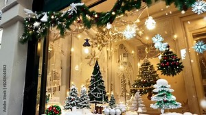 Christmas-themed store window display featuring miniature decorated trees, glowing lights, and festive garlands, creating a warm and inviting holiday atmosphere. Snowy decorations add a magical touch.