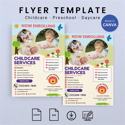 Editable Child Care Flyer Template Canva Preschool Daycare Leaflet Kindergarten Marketing Pamphlet Early Learning Center Promotion Brochure - Etsy