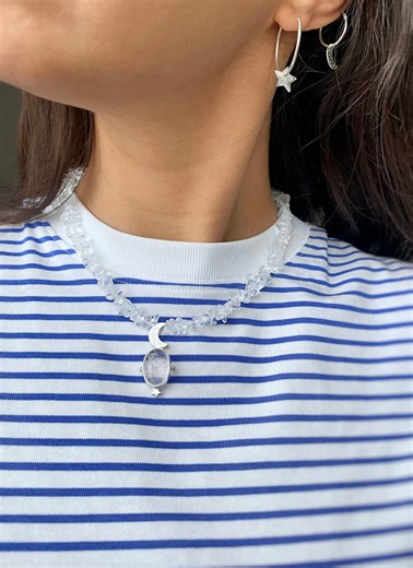 Quartz Beaded Moon Pendant Necklace, Artisan Silver Accessory - Etsy