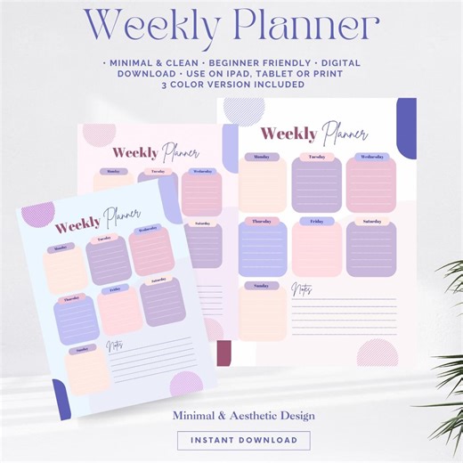 Undated Minimalist Weekly Planner | 3 Colors Included | Digital Planner PDF for iPad & Print - Etsy