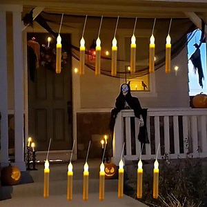 [Hot Item] Set of 12 Halloween Floating Candles LED Battery Operated Floating Hanging Candles with Timer Flameless Window Taper Candle