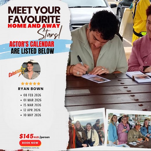 Step into Summer Bay & Meet Your Favourite Home and Away Actors in Person! CelebTime is excited to announce dates and which actors are attending the signature "Meet an Actor" tour for the rest of 2025 and into 2026 and 2027. Spaces are filling up fast! 🚶‍♀ Walk the iconic Palm Beach filming locations, get Home and Away stories from the actors themselves and enjoy an exclusive meet and greet with the stars you love! This is your chance for selfies, autographs, and memories you'll cherish forever