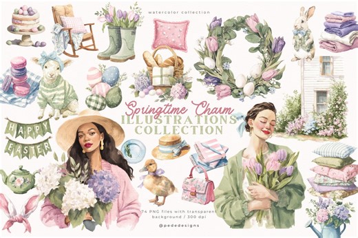 Springtime Charm Illustration Collection | Watercolor Spring & Easter Clipart | Digital Stickers | PNG Spring Graphics | Cottagecore - Etsy